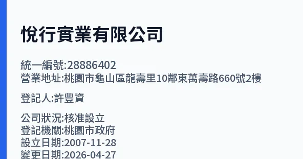 悅行實業有限公司的照片-統編 28886402(桃園市) 公司登記資料與營業項目詳細圖表