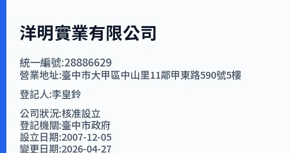 洋明實業有限公司的照片-統編 28886629(臺中市) 公司登記資料與營業項目詳細圖表