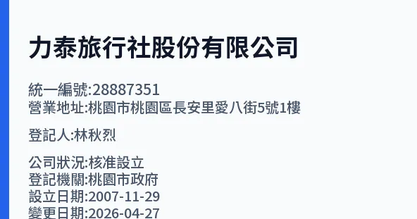力泰旅行社股份有限公司的照片-統編 28887351(桃園市) 公司登記資料與營業項目詳細圖表