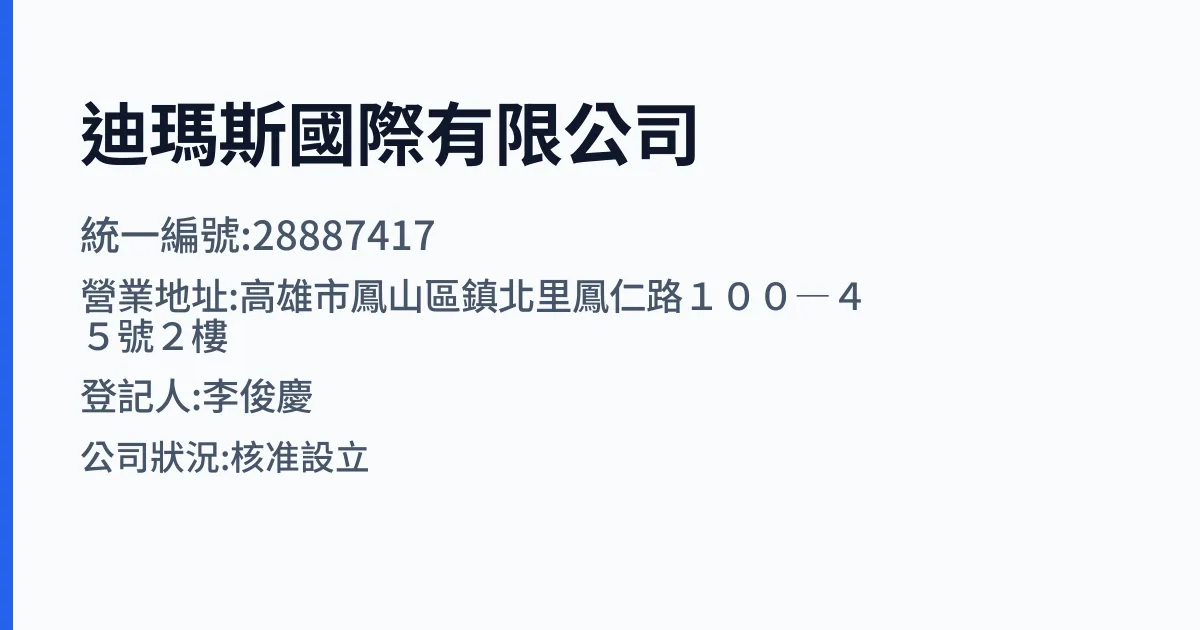 迪瑪斯國際有限公司 - 統編 28887417(高雄市) 公司登記資料與營業項目詳細圖表