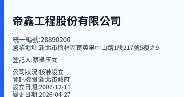 帝鑫工程股份有限公司的照片-統編 28890200(新北市) 公司登記資料與營業項目詳細圖表