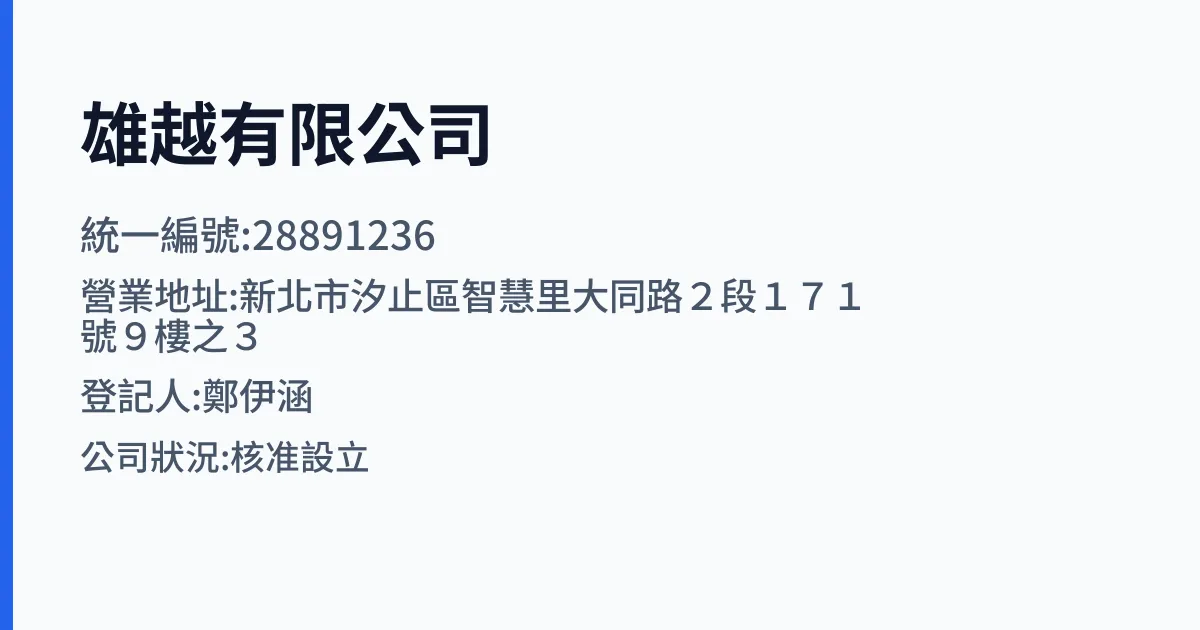雄越有限公司 - 統編 28891236(新北市) 公司登記資料與營業項目詳細圖表