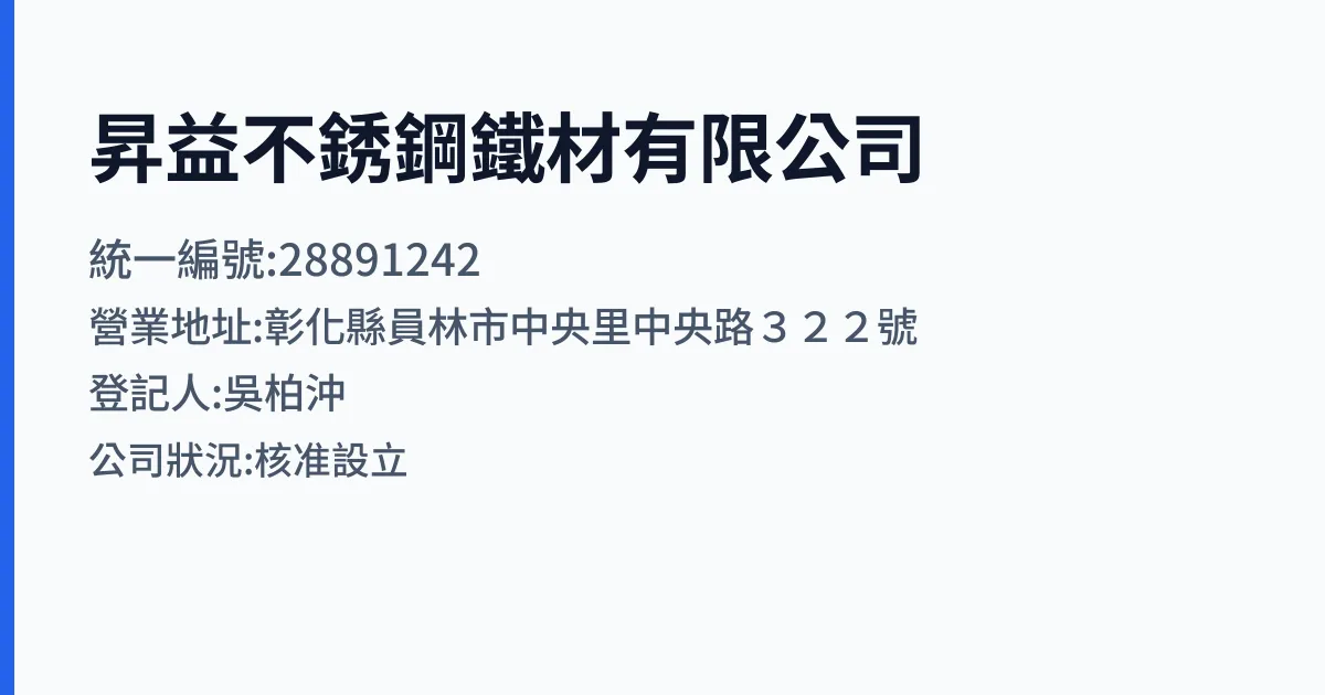 昇益不銹鋼鐵材有限公司 - 統編 28891242(彰化縣) 公司登記資料與營業項目詳細圖表