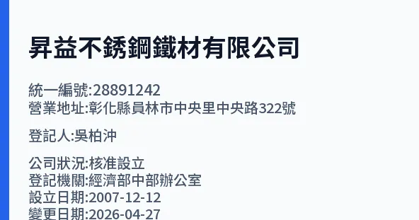 昇益不銹鋼鐵材有限公司的照片-統編 28891242(彰化縣) 公司登記資料與營業項目詳細圖表