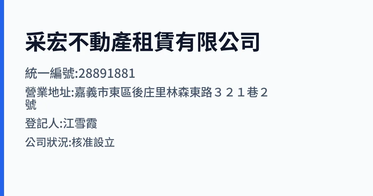 采宏不動產租賃有限公司 - 統編 28891881(嘉義市) 公司登記資料與營業項目詳細圖表