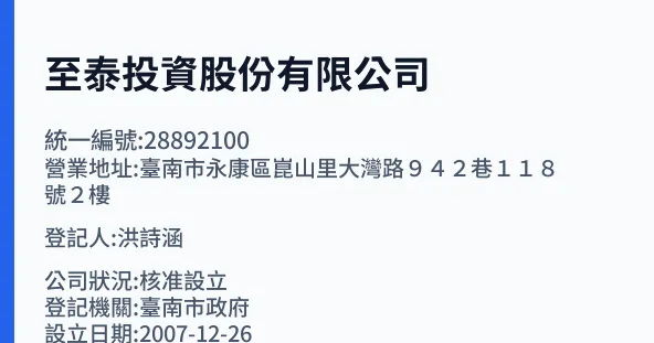 至泰投資股份有限公司的照片-統編 28892100(臺南市) 公司登記資料與營業項目詳細圖表