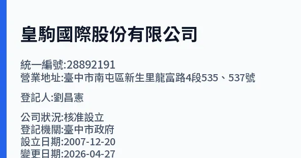 皇駒國際股份有限公司的照片-統編 28892191(臺中市) 公司登記資料與營業項目詳細圖表
