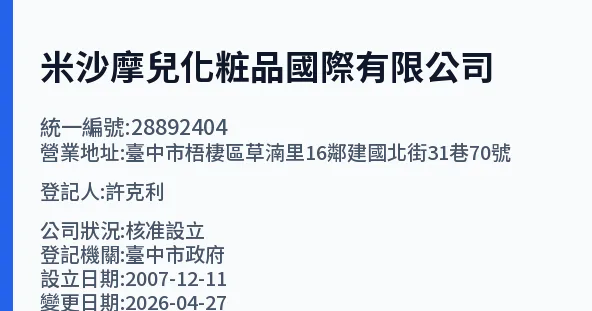 米沙摩兒化粧品國際有限公司的照片-統編 28892404(臺中市) 公司登記資料與營業項目詳細圖表