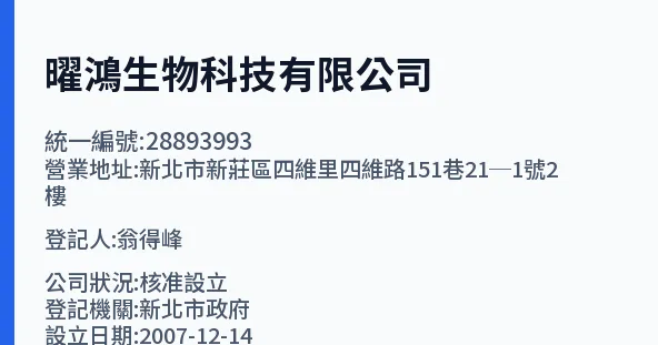 曜鴻生物科技有限公司的照片-統編 28893993(新北市) 公司登記資料與營業項目詳細圖表