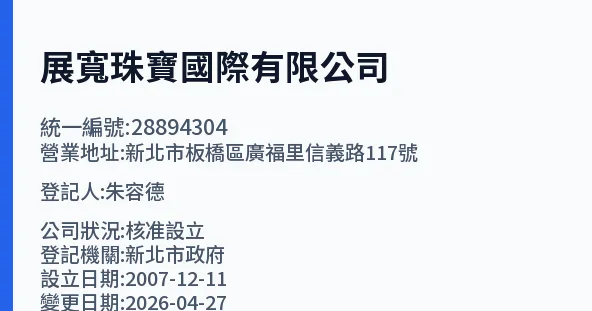 展寬珠寶國際有限公司的照片-統編 28894304(新北市) 公司登記資料與營業項目詳細圖表
