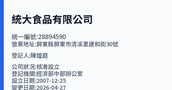 統大食品有限公司的照片-統編 28894590(屏東縣) 公司登記資料與營業項目詳細圖表