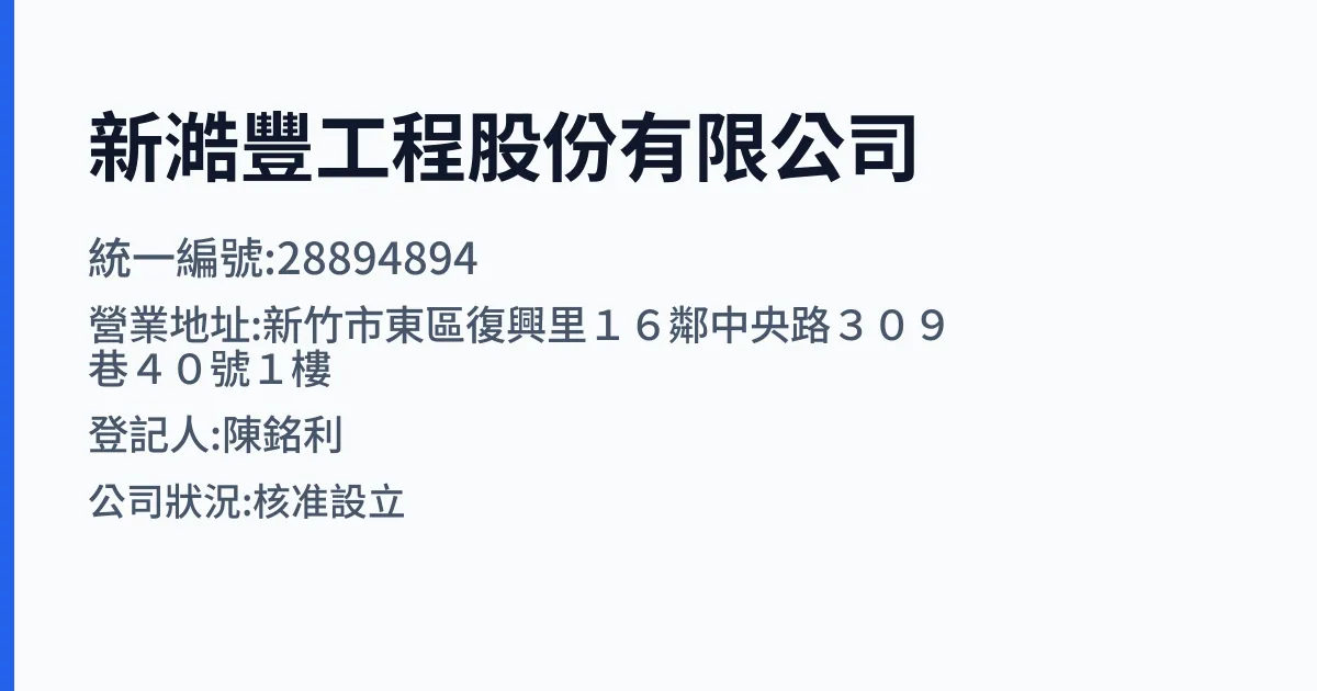 新澔豐工程股份有限公司 - 統編 28894894(新竹市) 公司登記資料與營業項目詳細圖表