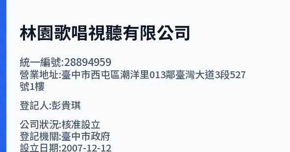 林園歌唱視聽有限公司的照片-統編 28894959(臺中市) 公司登記資料與營業項目詳細圖表