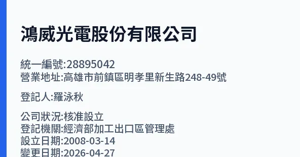 鴻威光電股份有限公司的照片-統編 28895042(高雄市) 公司登記資料與營業項目詳細圖表