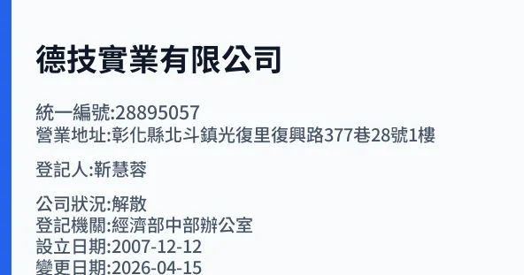 德技實業有限公司的照片-統編 28895057(彰化縣) 公司登記資料與營業項目詳細圖表