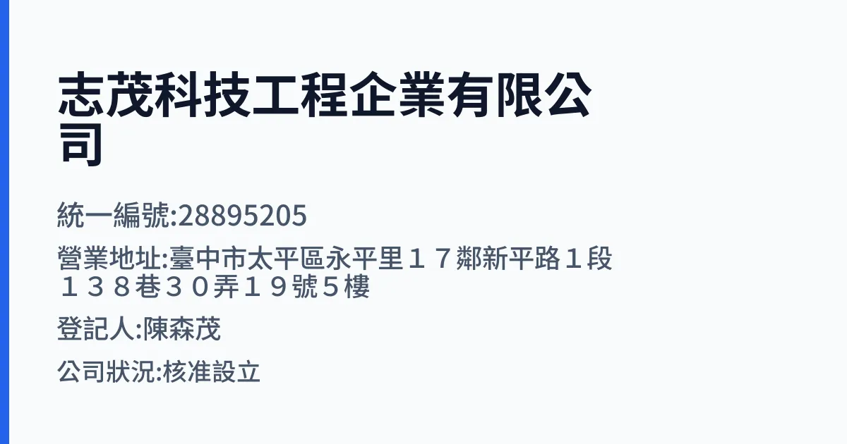 志茂科技工程企業有限公司 - 統編 28895205(臺中市) 公司登記資料與營業項目詳細圖表