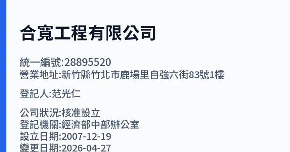 合寬工程有限公司的照片-統編 28895520(新竹縣) 公司登記資料與營業項目詳細圖表