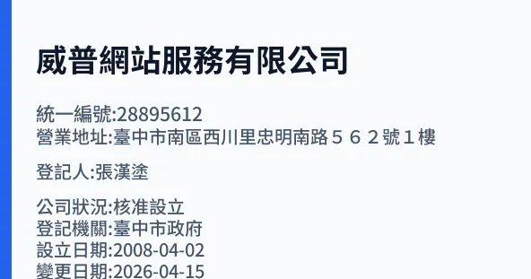 威普網站服務有限公司的照片-統編 28895612(臺中市) 公司登記資料與營業項目詳細圖表