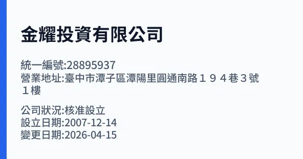 金耀投資有限公司的照片-統編 28895937(臺中市) 公司登記資料與營業項目詳細圖表