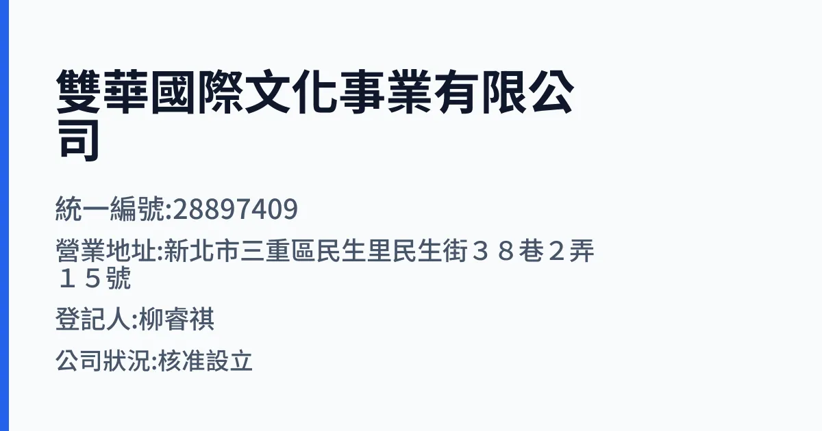 雙華國際文化事業有限公司 - 統編 28897409 (新北市) 公司登記資料與營業項目詳細圖表