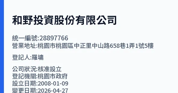 和野投資股份有限公司的照片-統編 28897766(桃園市) 公司登記資料與營業項目詳細圖表