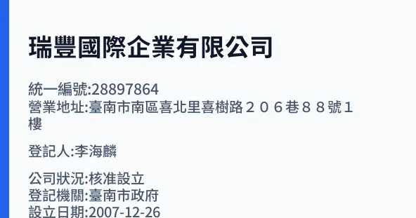 瑞豐國際企業有限公司的照片-統編 28897864(臺南市) 公司登記資料與營業項目詳細圖表