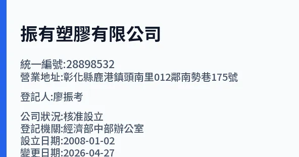 振有塑膠有限公司的照片-統編 28898532(彰化縣) 公司登記資料與營業項目詳細圖表