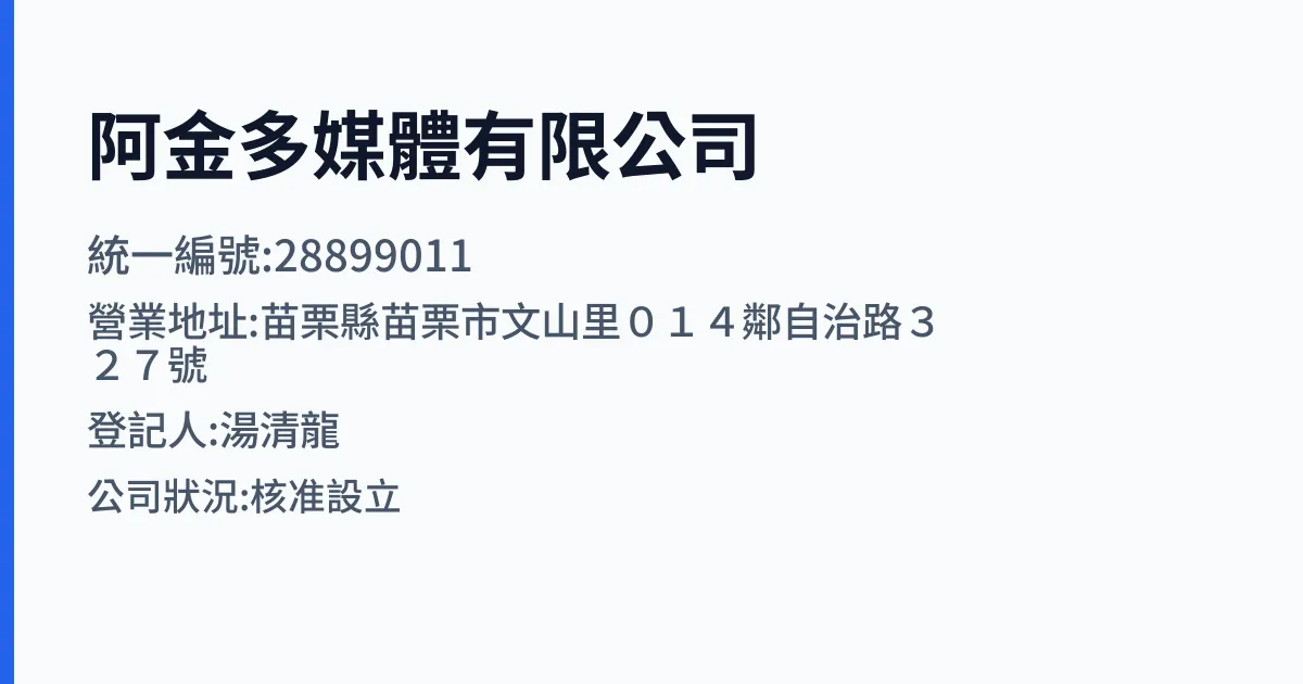 阿金多媒體有限公司 - 統編 28899011(苗栗縣) 公司登記資料與營業項目詳細圖表