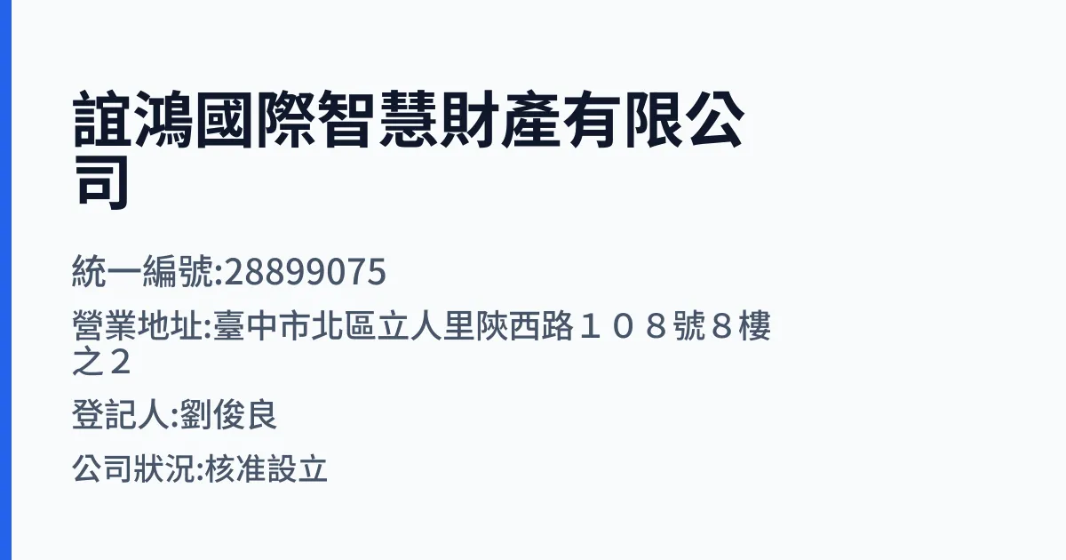 誼鴻國際智慧財產有限公司 - 統編 28899075(臺中市) 公司登記資料與營業項目詳細圖表
