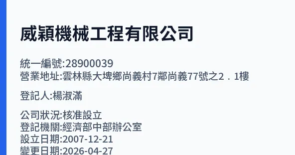 威穎機械工程有限公司的照片-統編 28900039(雲林縣) 公司登記資料與營業項目詳細圖表