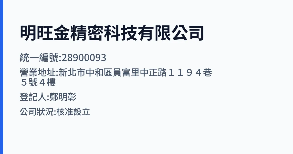 明旺金精密科技有限公司 - 統編 28900093（新北市） 公司登記資料與營業項目詳細圖表