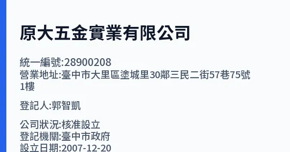 原大五金實業有限公司的照片-統編 28900208(臺中市) 公司登記資料與營業項目詳細圖表