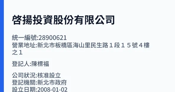 啓揚投資股份有限公司的照片-統編 28900621(新北市) 公司登記資料與營業項目詳細圖表