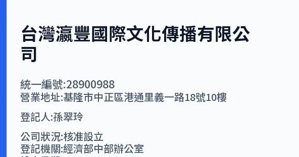 台灣瀛豐國際文化傳播有限公司的照片-統編 28900988(基隆市) 公司登記資料與營業項目詳細圖表