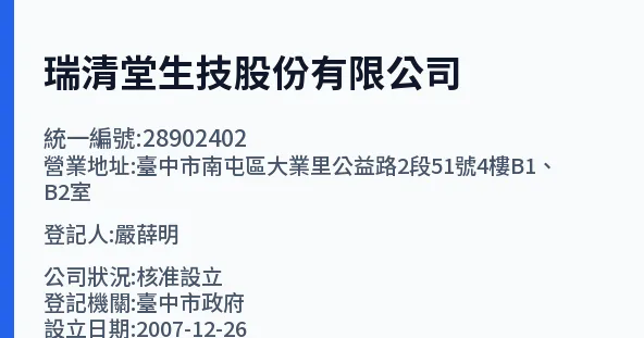 瑞清堂生技股份有限公司的照片-統編 28902402(臺中市) 公司登記資料與營業項目詳細圖表