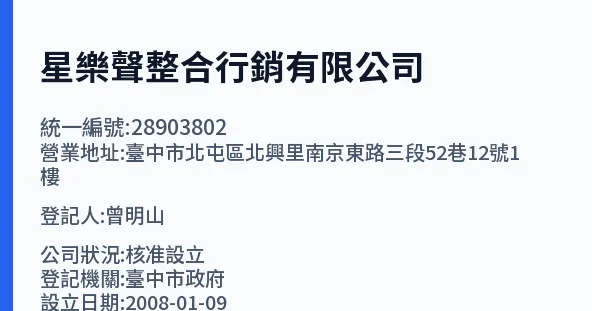 星樂聲整合行銷有限公司的照片-統編 28903802(臺中市) 公司登記資料與營業項目詳細圖表