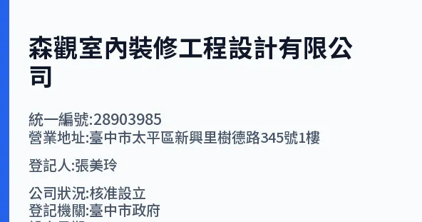 森觀室內裝修工程設計有限公司的照片-統編 28903985(臺中市) 公司登記資料與營業項目詳細圖表