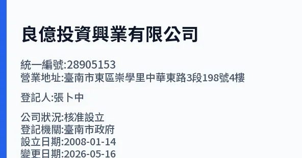 良億投資興業有限公司的照片-統編 28905153(臺南市) 公司登記資料與營業項目詳細圖表