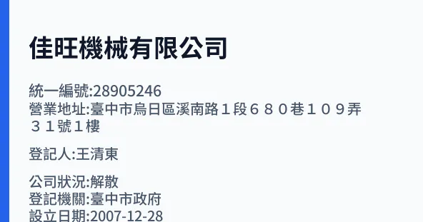 佳旺機械有限公司的照片-統編 28905246(臺中市) 公司登記資料與營業項目詳細圖表