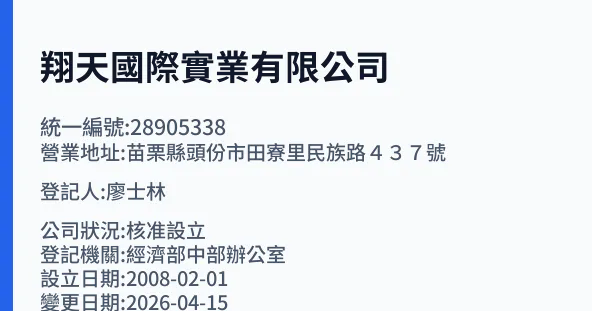 翔天國際實業有限公司的照片-統編 28905338(苗栗縣) 公司登記資料與營業項目詳細圖表