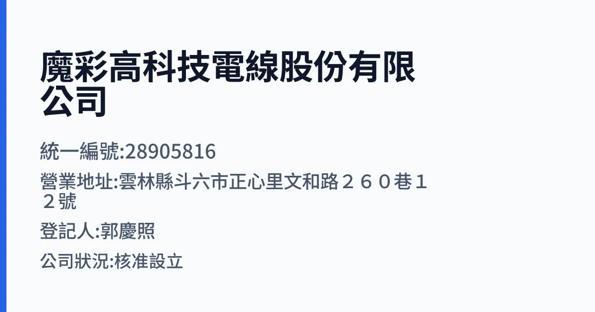 魔彩高科技電線股份有限公司 - 統編 28905816(雲林縣) 公司登記資料與營業項目詳細圖表