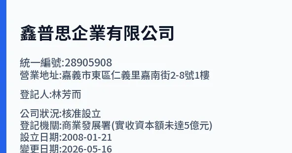 鑫普思企業有限公司的照片-統編 28905908(嘉義市) 公司登記資料與營業項目詳細圖表