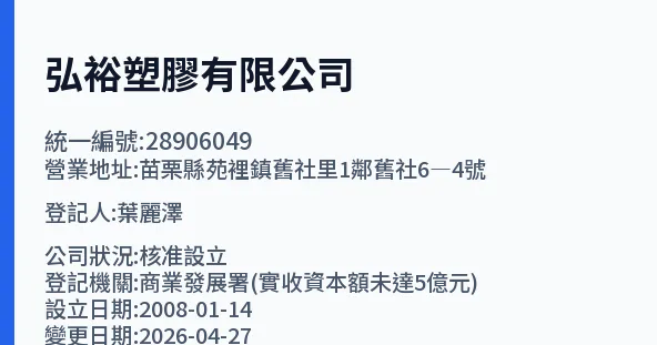 弘裕塑膠有限公司的照片-統編 28906049(苗栗縣) 公司登記資料與營業項目詳細圖表
