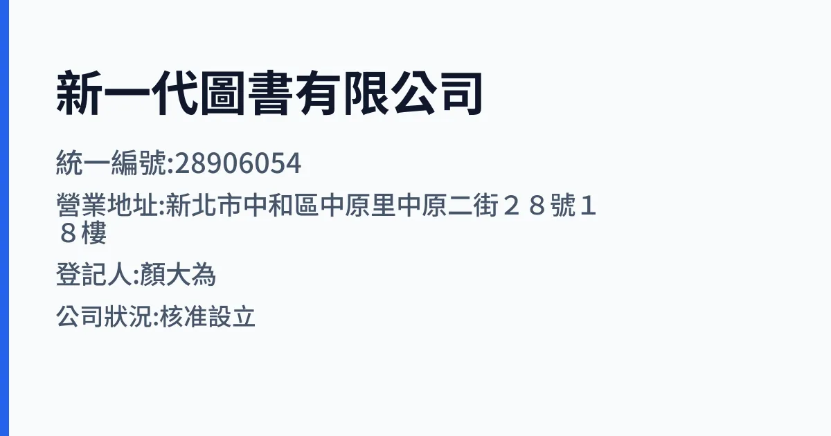 新一代圖書有限公司 - 統編 28906054(新北市) 公司登記資料與營業項目詳細圖表