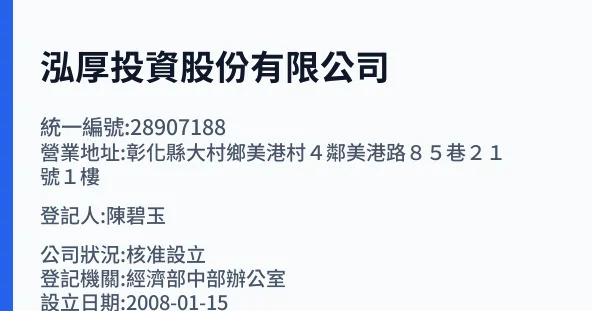泓厚投資股份有限公司的照片-統編 28907188(彰化縣) 公司登記資料與營業項目詳細圖表