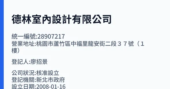 德林室內設計有限公司的照片-統編 28907217(新北市) 公司登記資料與營業項目詳細圖表