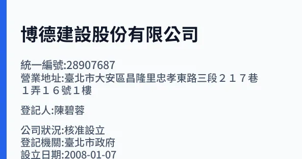 博德建設股份有限公司的照片-統編 28907687(臺北市) 公司登記資料與營業項目詳細圖表