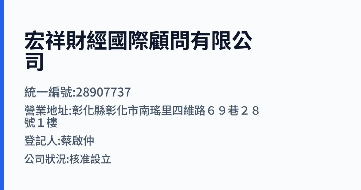 宏祥財經國際顧問有限公司 - 統編 28907737(彰化縣) 公司登記資料與營業項目詳細圖表