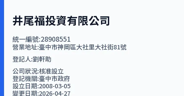 井尾福投資有限公司的照片-統編 28908551(臺中市) 公司登記資料與營業項目詳細圖表