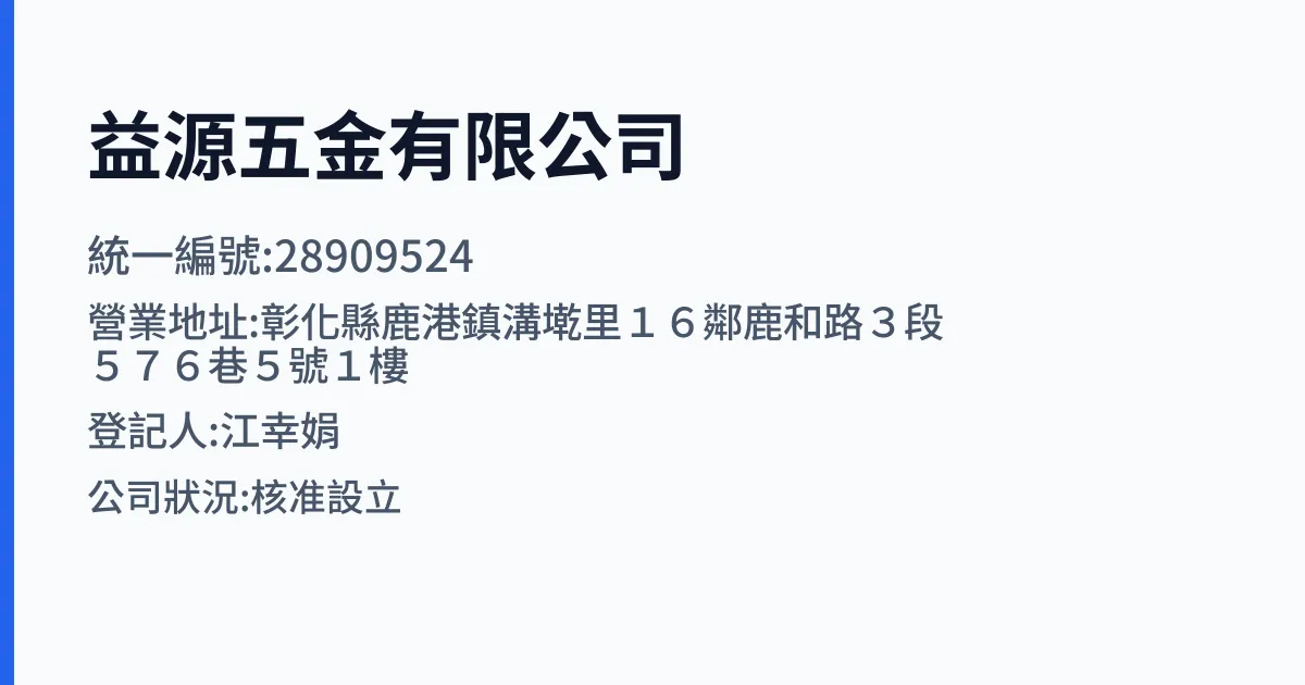 益源五金有限公司 - 統編 28909524(彰化縣) 公司登記資料與營業項目詳細圖表